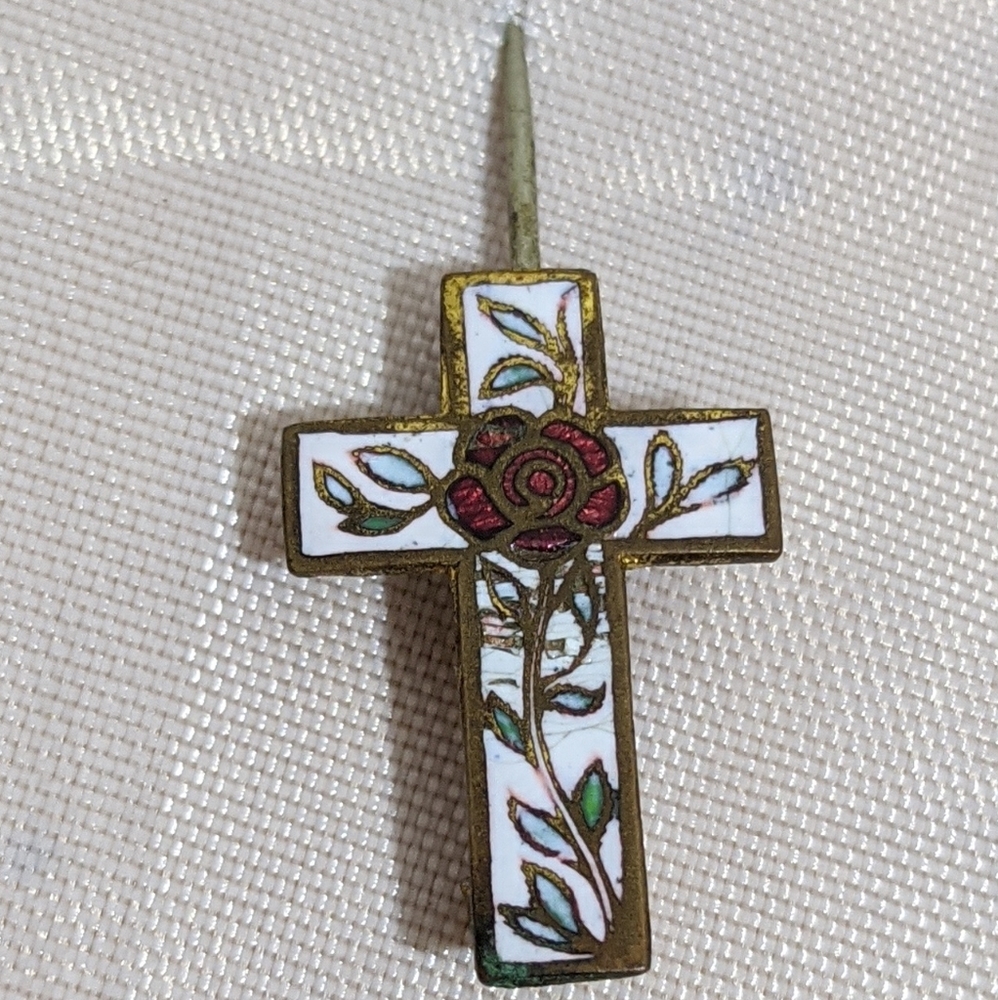 Vintage Victorian Inlay Red Rose Cross Brooch - Gem